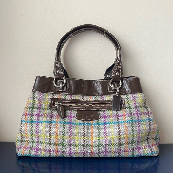 Coach | Bags | Coach Plaid Wool Tweed Tote Bag With Brown Leather Trim ...